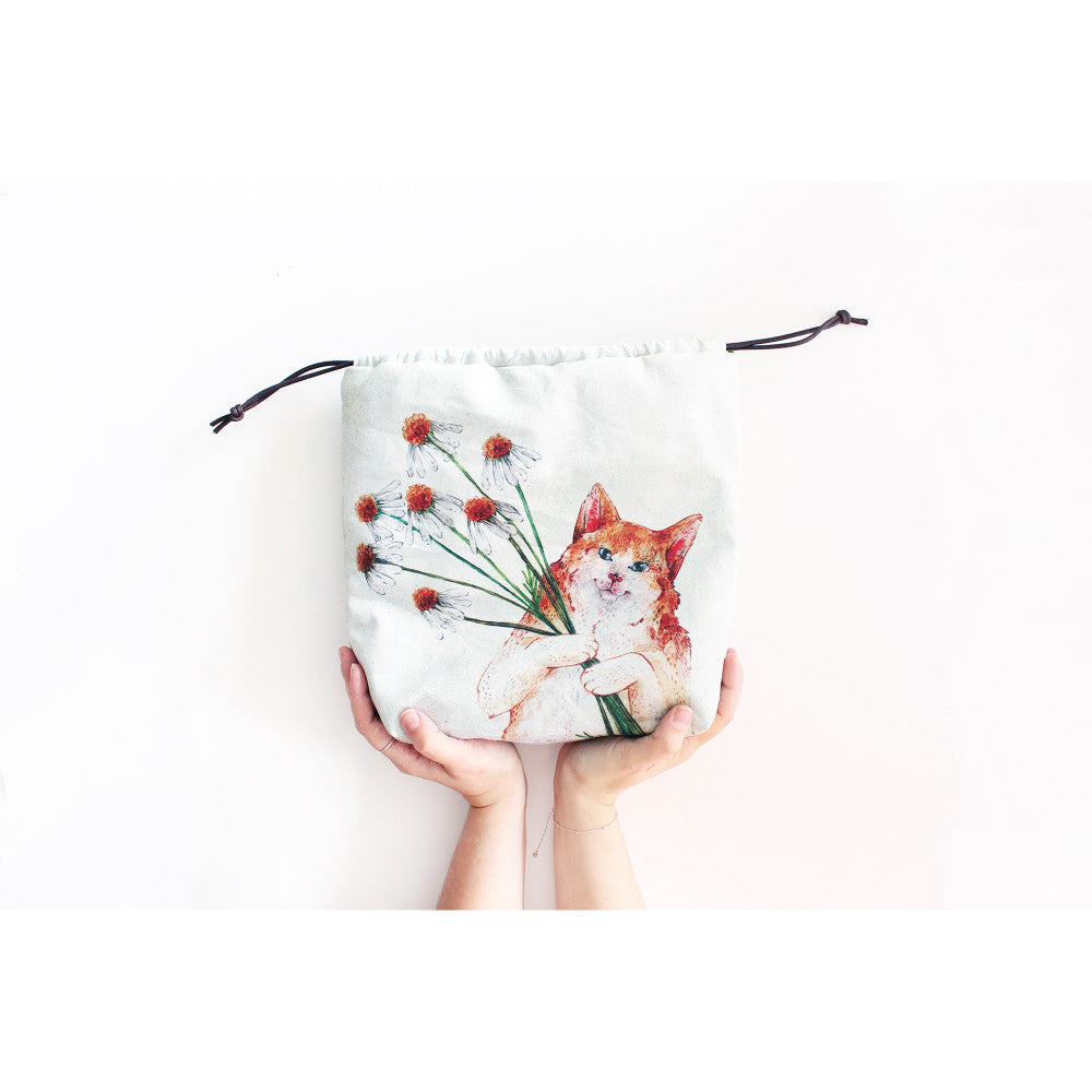 Kasper the Cat Project Bag | 100% Organic Cotton Drawstring Bag by